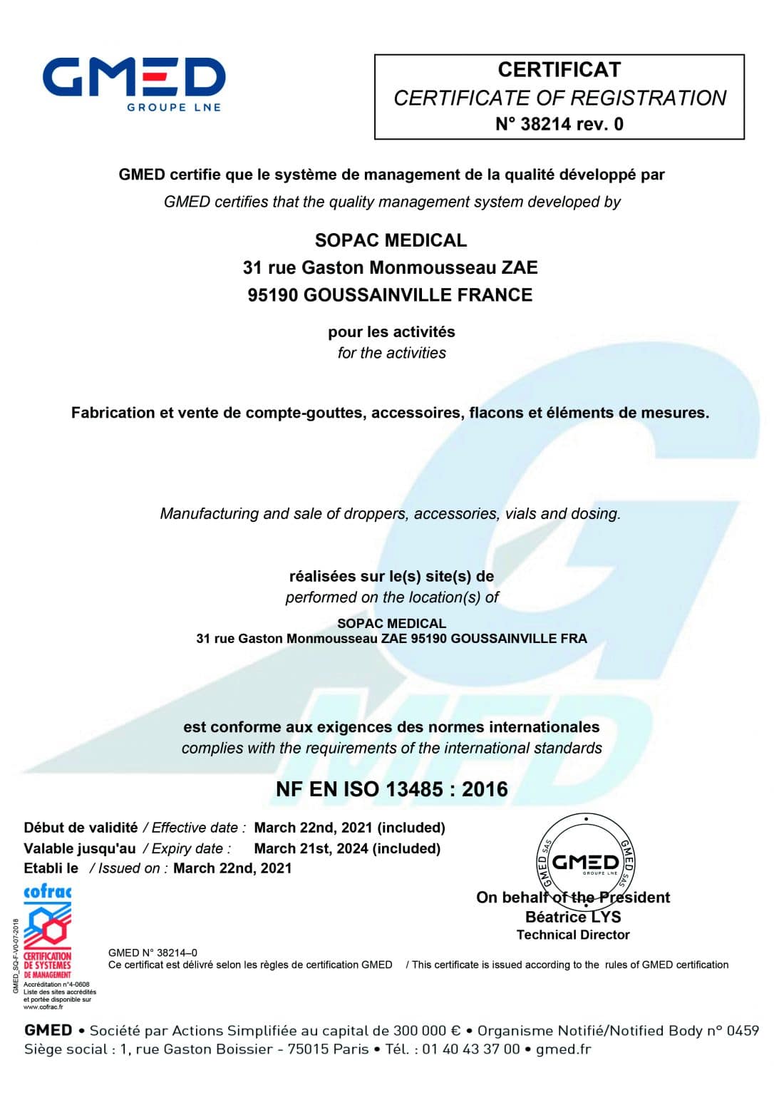 GMED certificat ISO - SOPAC MEDICAL